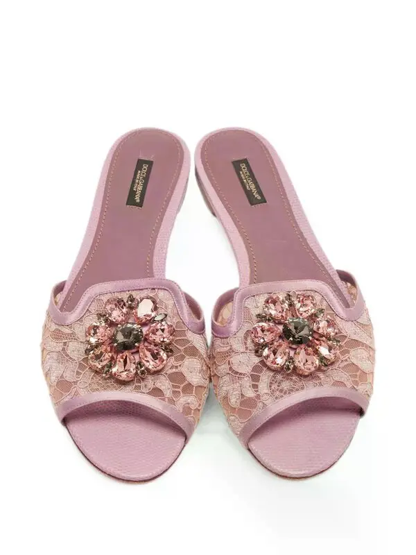 Dolce & Gabbana Lace Crystal Embellished Open Toe Flat Sandals - Pink