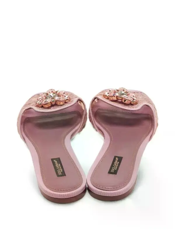 Dolce & Gabbana Lace Crystal Embellished Open Toe Flat Sandals - Pink