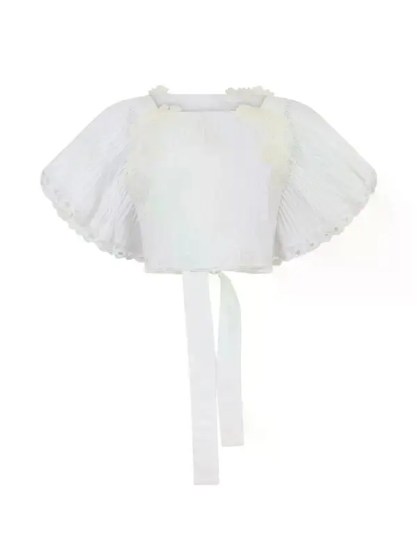 Alberta Ferretti Pleated Blouse With Lace Trim And Floral Appliqu - White