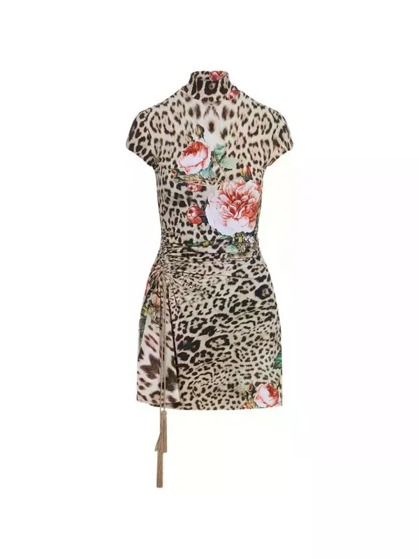 Roberto Cavalli Leopard And Floral Print High Neck Short Sleeve Dress