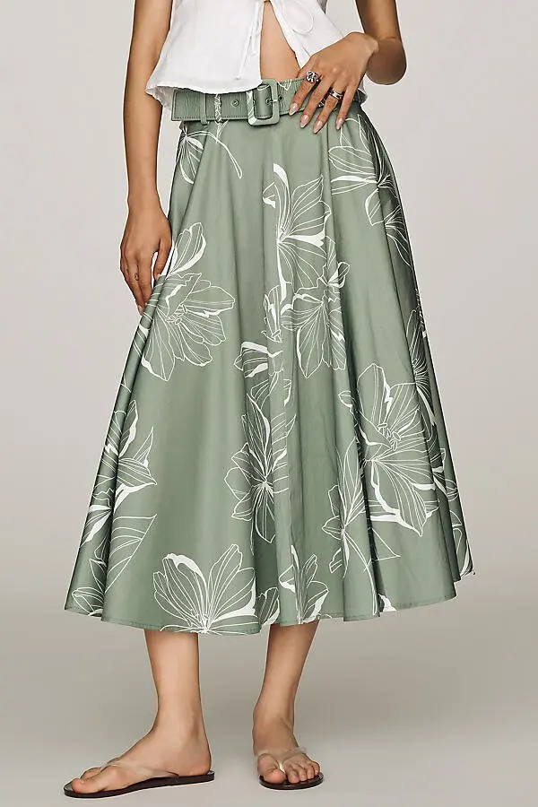 HUTCH Belted Floral Midi Skirt
