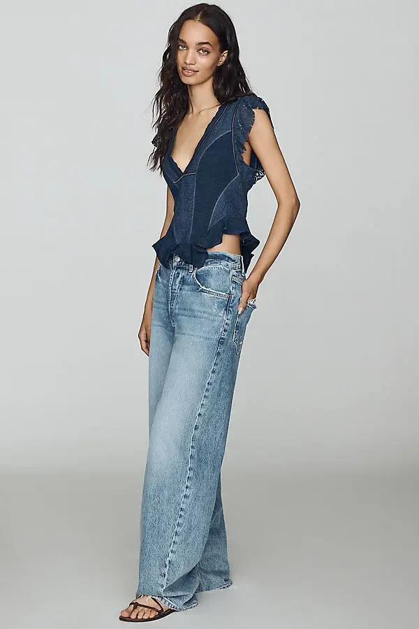 Anthropologie Lace Flutter-sleeve V-neck Top - Indigo