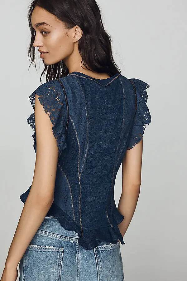 Anthropologie Lace Flutter-sleeve V-neck Top - Indigo