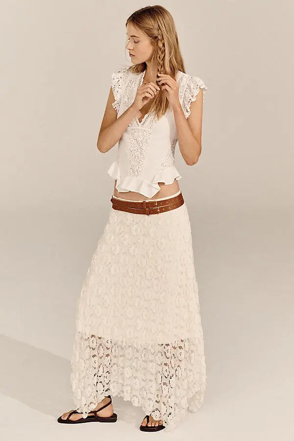 Anthropologie Lace Flutter-sleeve V-neck Top - Ivory