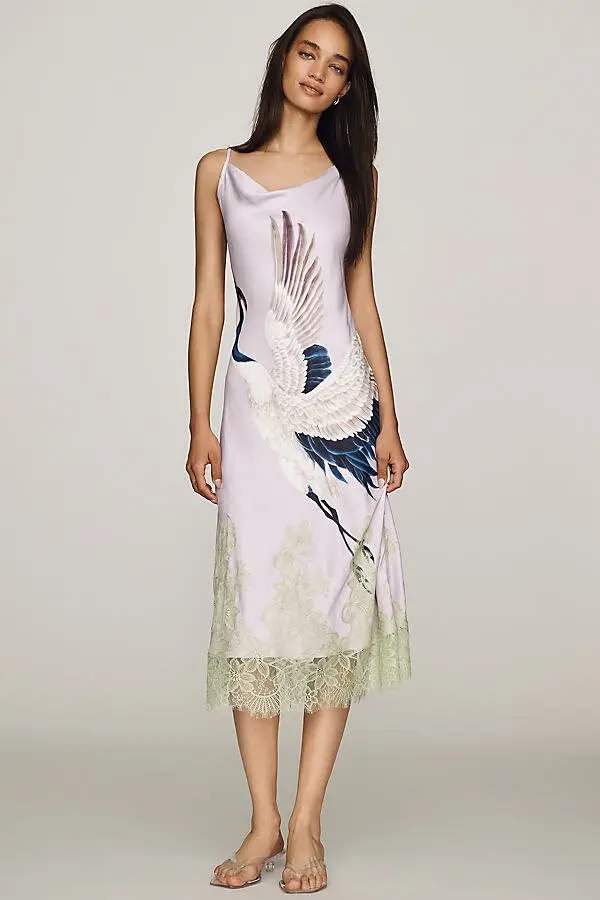 Maeve Cowl-neck Lace Trim Sleeveless Midi Dress - Purple Pattern