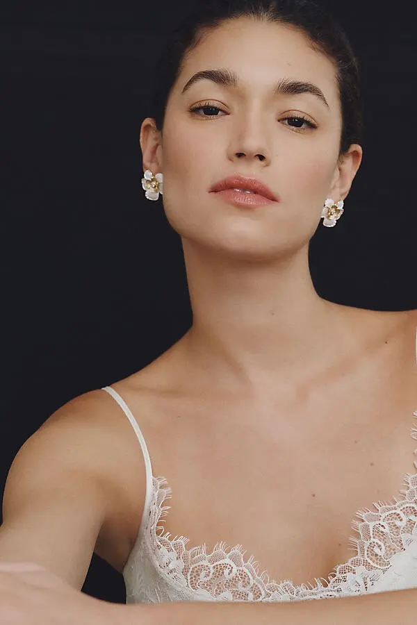 Anthropologie Layered Floral Crystal Earrings - Ivory