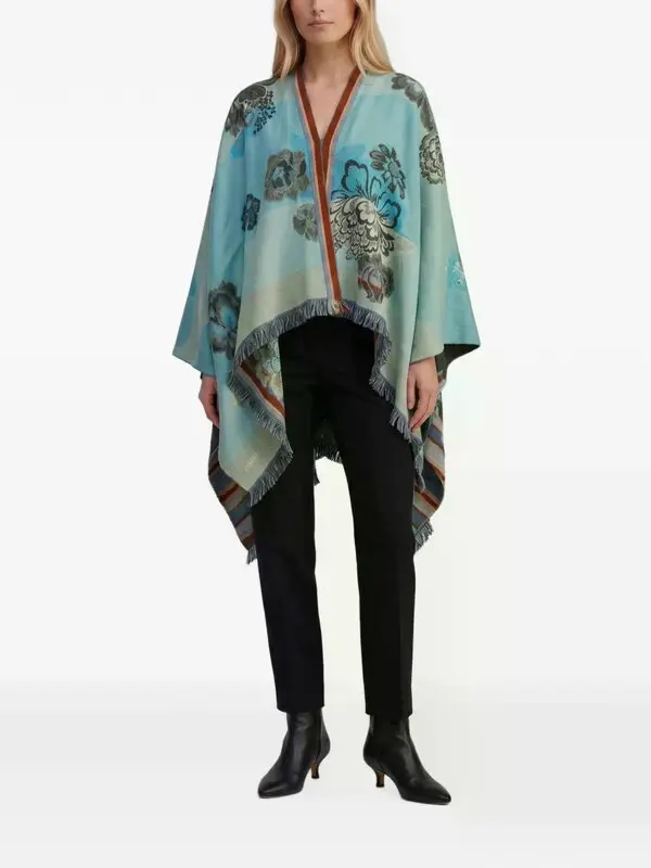 Kenzo Floral Print Fringed Poncho