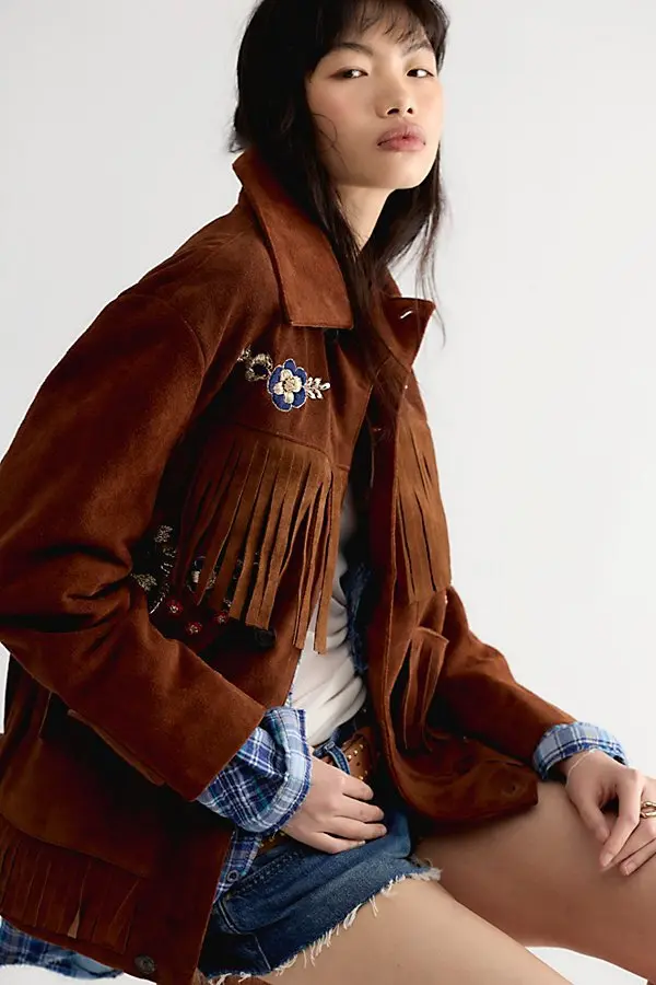 FOUND Embroidered Suede Fringe Jacket
