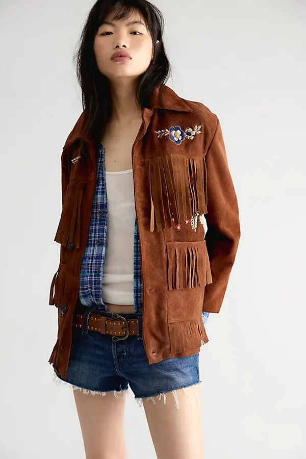 FOUND Embroidered Suede Fringe Jacket