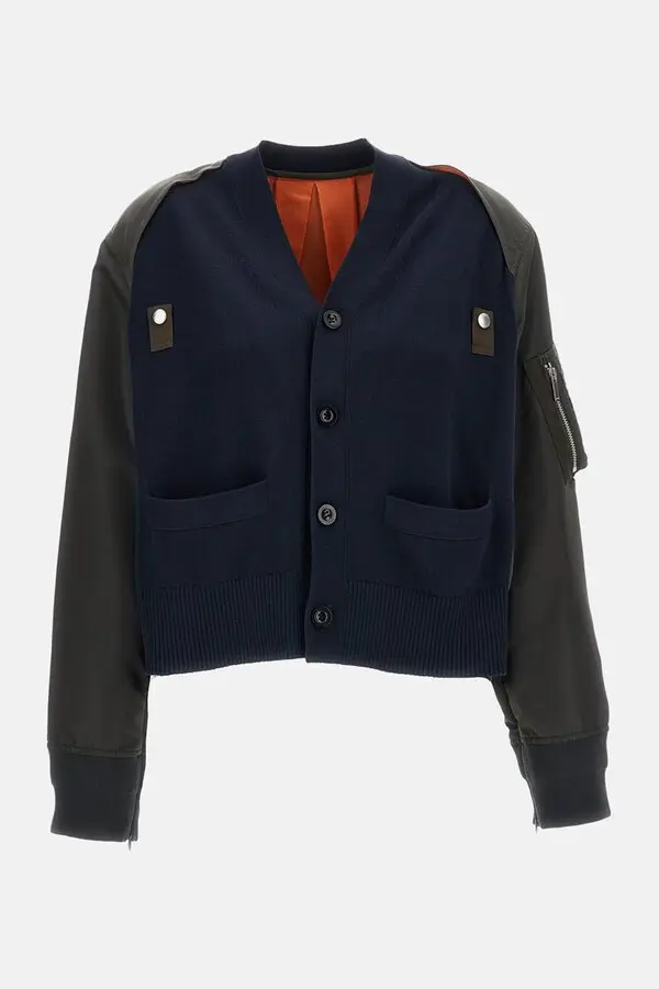 Sacai Hybrid Knit And Nylon Twill Bomber Cardigan