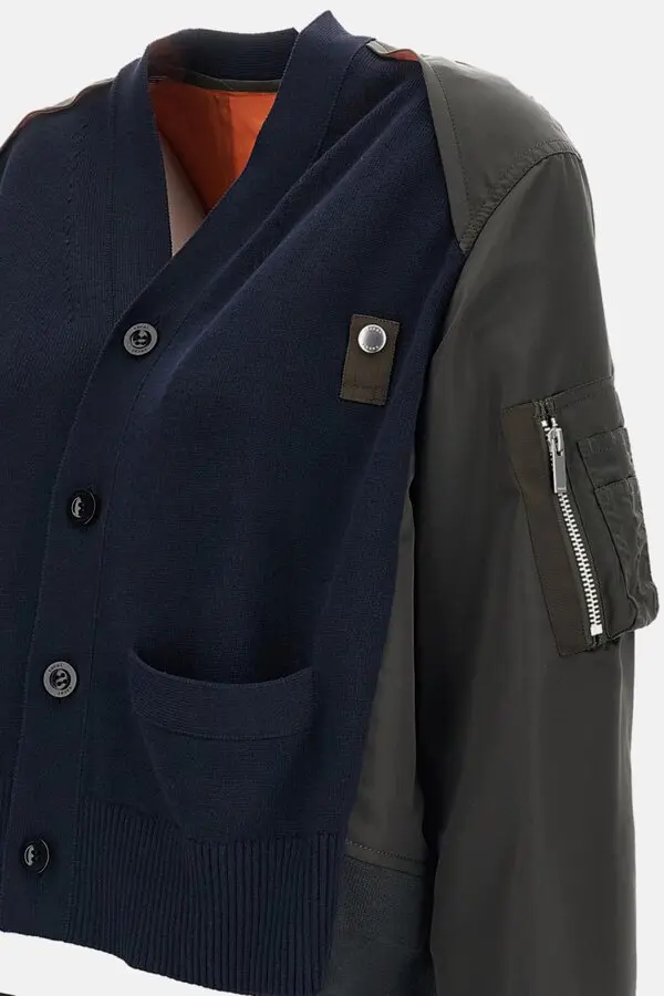 Sacai Hybrid Knit And Nylon Twill Bomber Cardigan