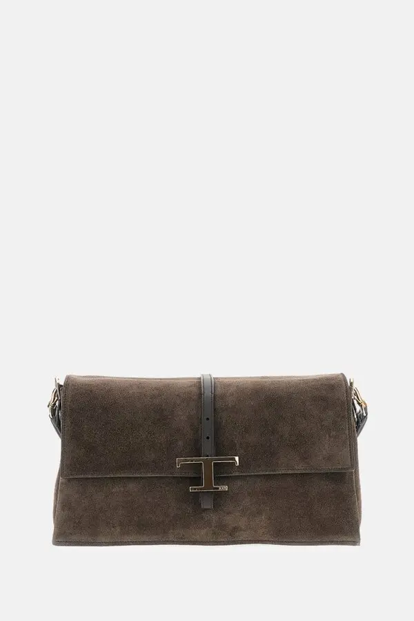TOD'S Suede Timeless T Flap Bag - Brown