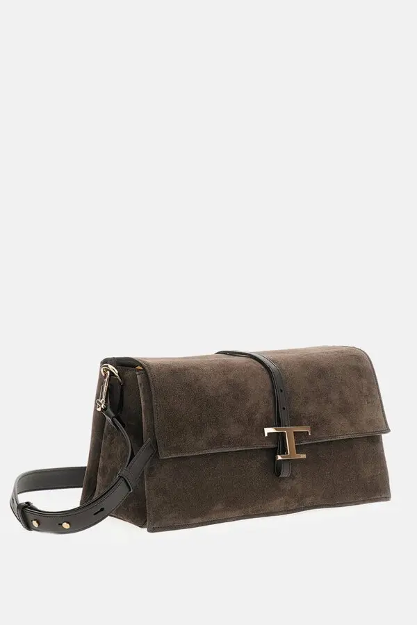 TOD'S Suede Timeless T Flap Bag - Brown
