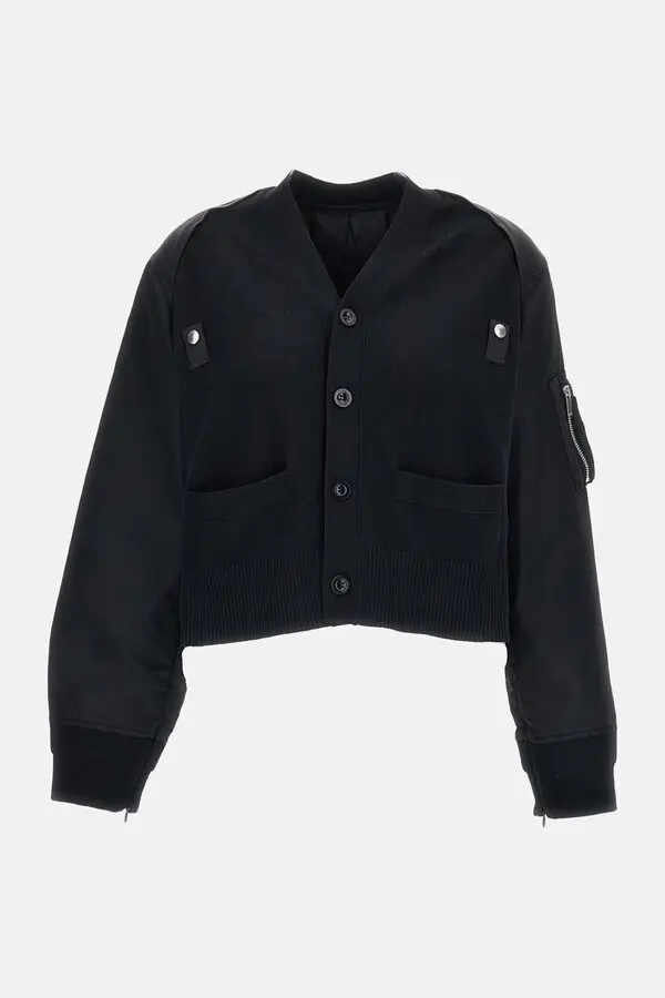 Sacai Knit And Nylon Twill Hybrid Cardigan - Nero