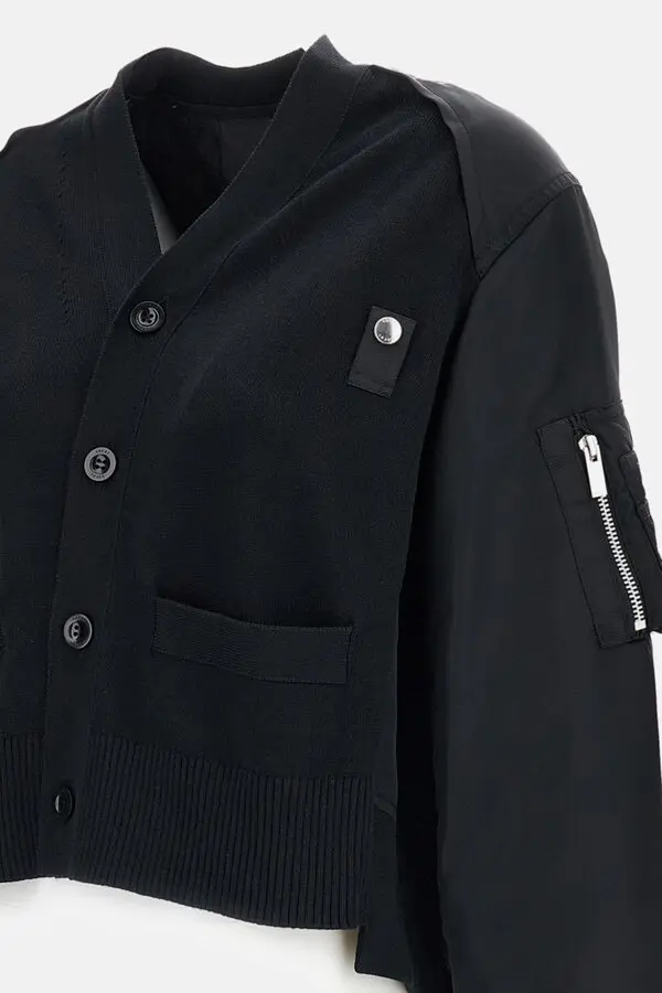 Sacai Knit And Nylon Twill Hybrid Cardigan - Nero