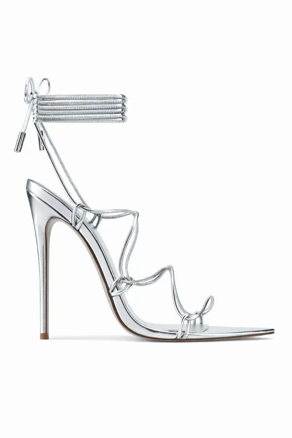 Femme La Sin Lace Up Stiletto Sandals - Silver