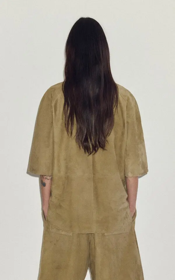DARKPARK Suede Polo Shirt With Gold Necklace Detail