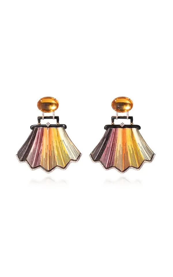 SILVIA FURMANOVICH 18k Yellow Gold Wooden Wheat Straw Rainbow Fan Earrings With Diamond, Citrine, And Ceramic - Multi
