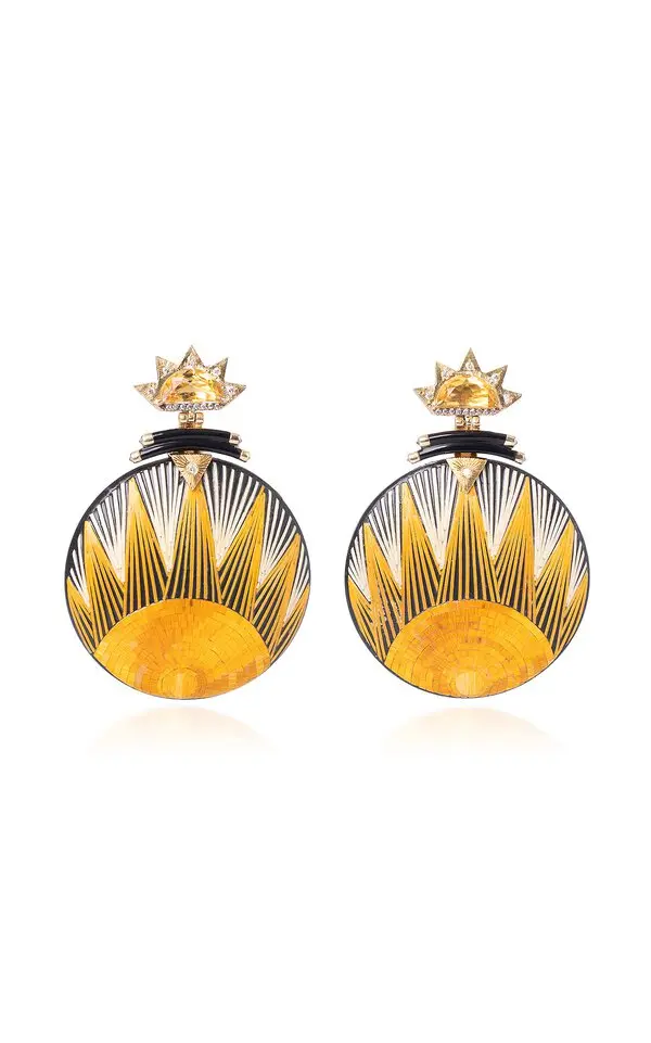SILVIA FURMANOVICH 18k Gold Wooden Wheat Straw Sun Earrings With Dimoands And Citrine - Yellow