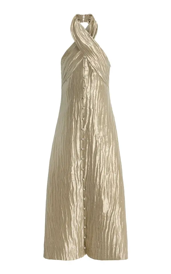 Rosie Assoulin Twisted Lamé Maxi Halter Dress - Silver