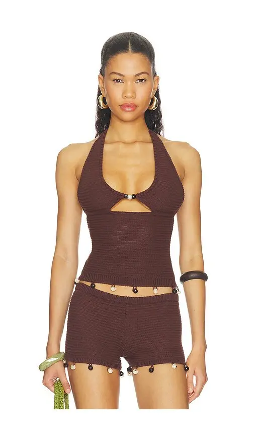 RUNAWAY THE LABEL Deep-v Halter Knit Top With Bead Trim