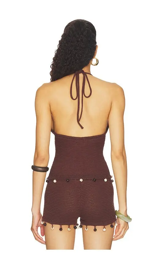 RUNAWAY THE LABEL Deep-v Halter Knit Top With Bead Trim