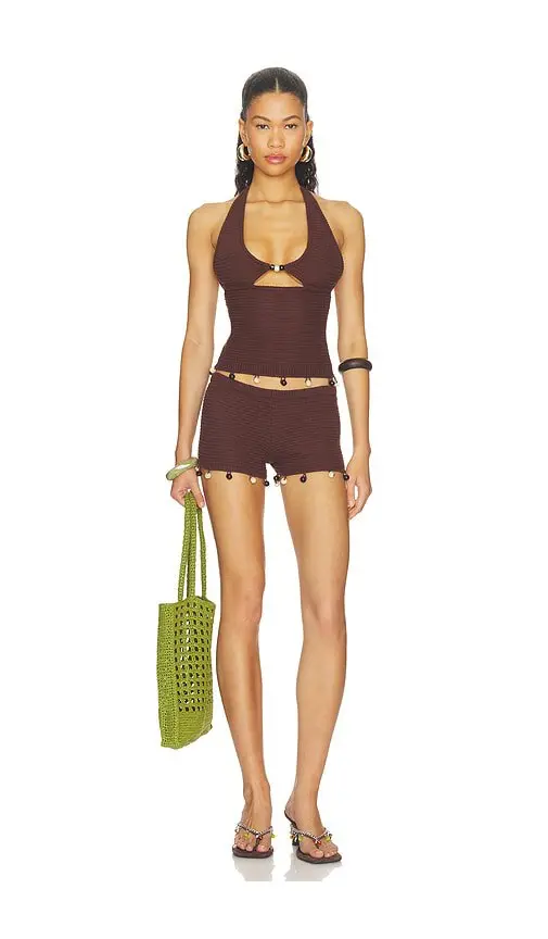 RUNAWAY THE LABEL Deep-v Halter Knit Top With Bead Trim