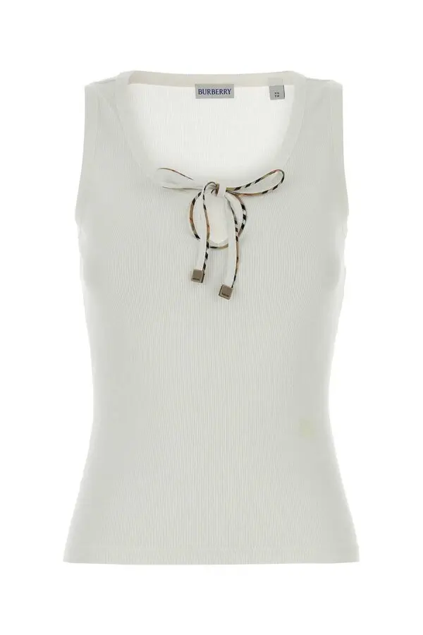 Burberry Ribbed Cotton Tank Top With Tie Detail - White