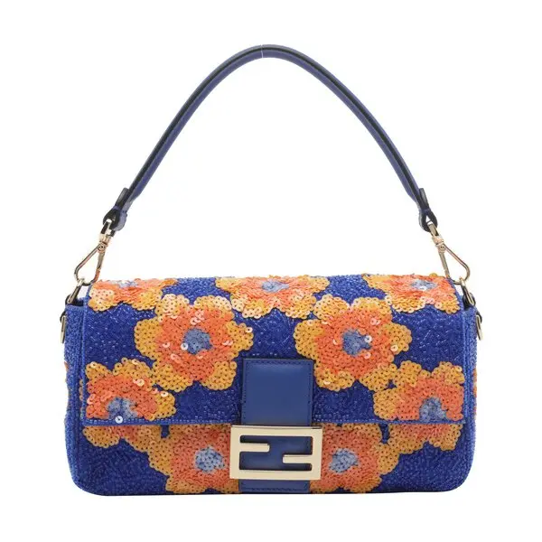 Fendi Baguette Shoulder Bag With Floreal Beaded Embroidery And Sequines - Blue