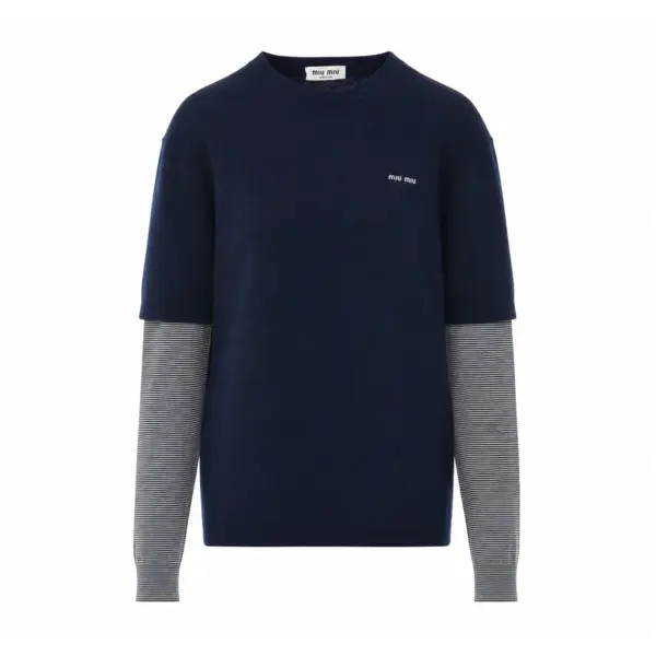 Miu Miu Logo Embroidered Striped Long Sleeve Sweater - Blue