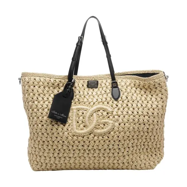 Dolce & Gabbana Raffia Shopper Bag With Leather Trim And Embossed Logo - Cream