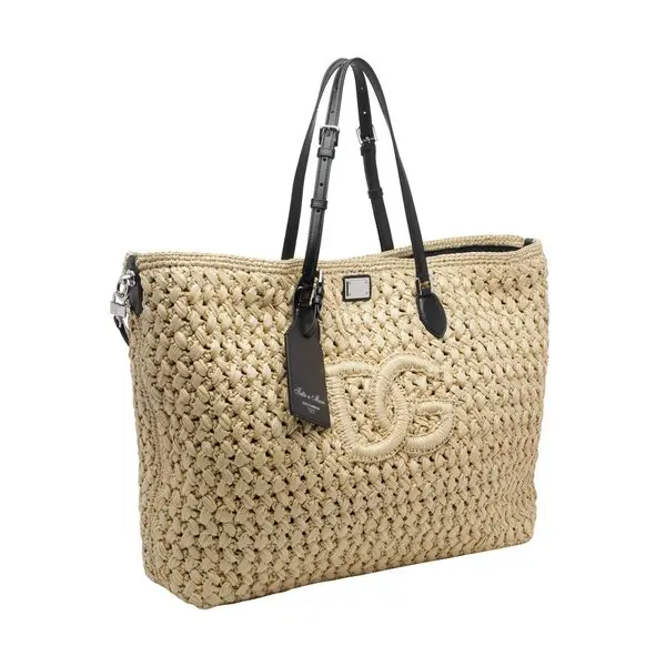 Dolce & Gabbana Raffia Shopper Bag With Leather Trim And Embossed Logo - Cream