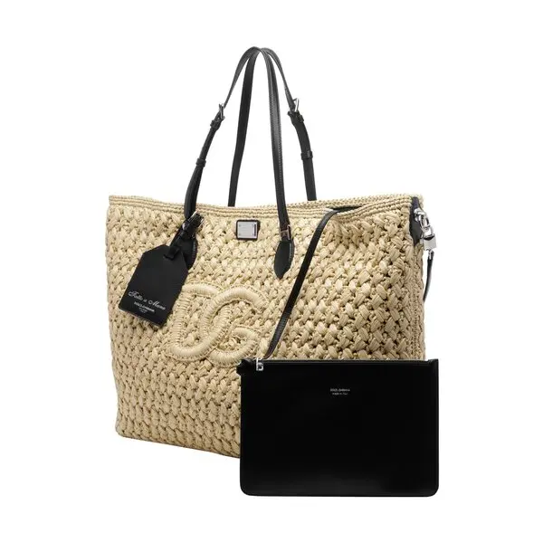 Dolce & Gabbana Raffia Shopper Bag With Leather Trim And Embossed Logo - Cream