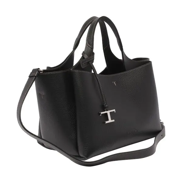 TOD'S Mini Leather Handbag With T Timeless Charm - Black