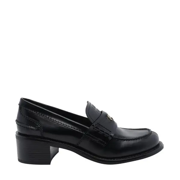Miu Miu Leather Logo Block Heel Loafers - Black