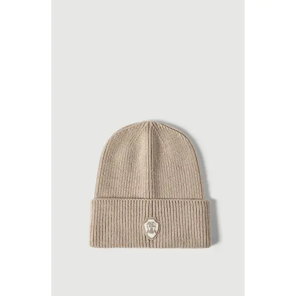 Brunello Cucinelli Cashmere English Rib Knit Beanie With Patch Logo - Sand