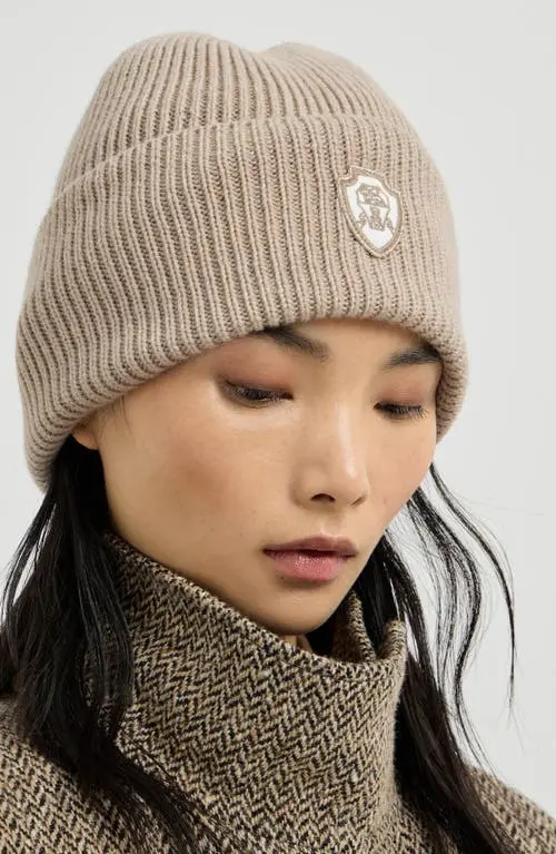 Brunello Cucinelli Cashmere English Rib Knit Beanie With Patch Logo