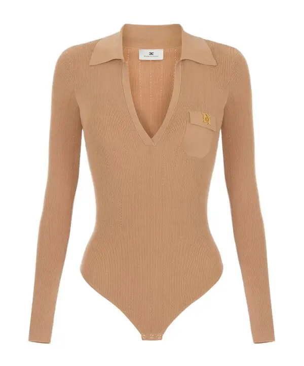 Elisabetta Franchi Knit Bodysuit With Openwork Embroideries - Leather
