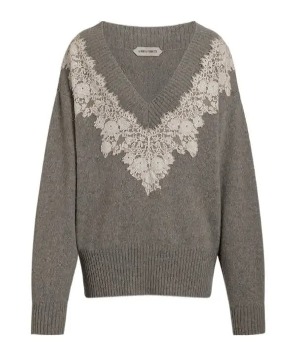Alberta Ferretti Cashmere V-neck Sweater With Lace Insert - Grey