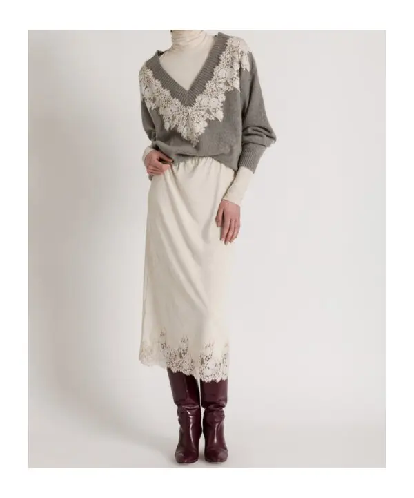 Alberta Ferretti Cashmere V-neck Sweater With Lace Insert