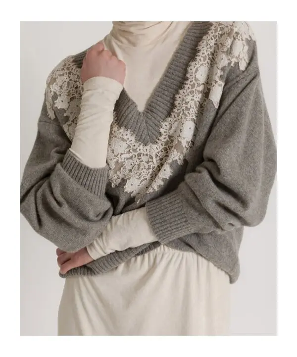 Alberta Ferretti Cashmere V-neck Sweater With Lace Insert