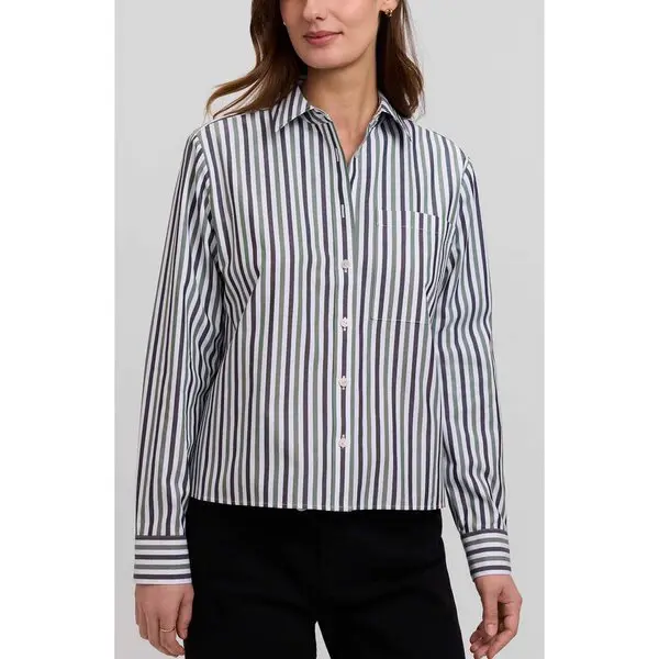 Foxcroft Jodie Stripe Cotton Button-up Shirt - Olive Green/multi