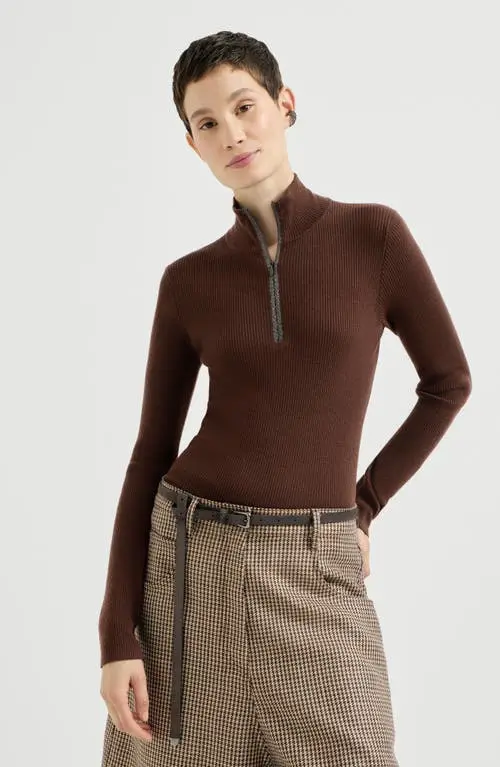 Brunello Cucinelli Virgin Wool And Cashmere Ribbed Turtleneck Sweater With Precious Half Zip - Brown
