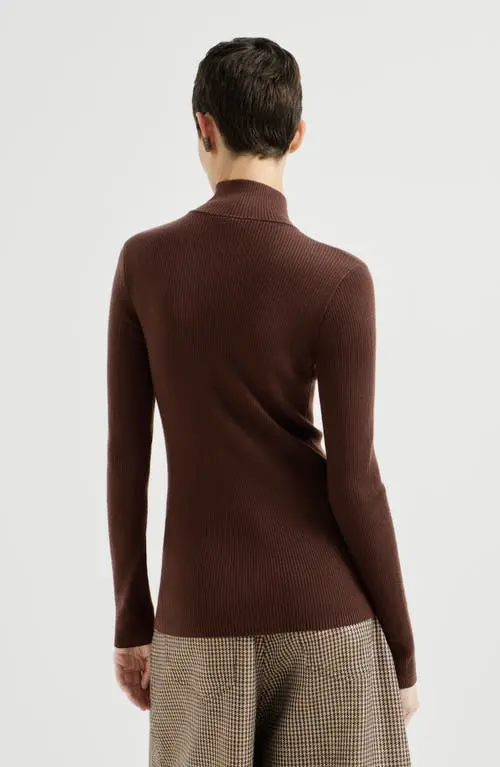 Brunello Cucinelli Virgin Wool And Cashmere Ribbed Turtleneck Sweater With Precious Half Zip - Brown