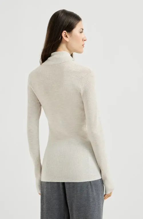 Brunello Cucinelli Virgin Wool And Cashmere Lightweight Ribbed Turtleneck Sweater With Precious Half Zip - Pearl Grey
