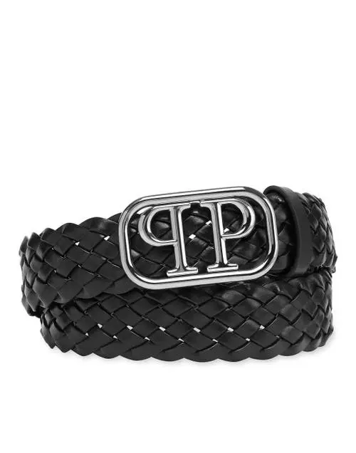 Philipp Plein Braided Leather Belt With Gold Tone Logo Buckle - Black/nickel