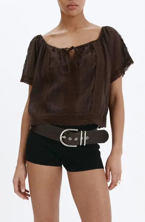 Mango Pintucked Cotton Lace Trim Blouse - Brown