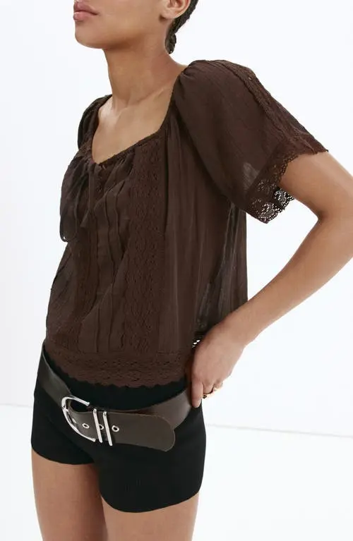 Mango Pintucked Cotton Lace Trim Blouse - Brown
