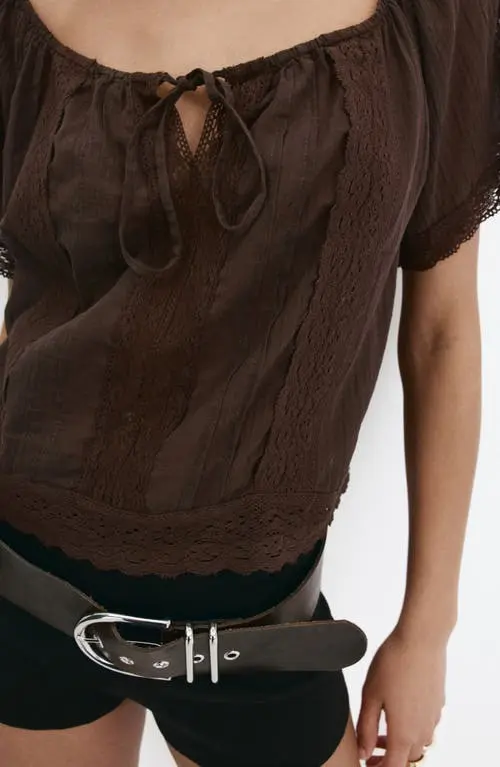 Mango Pintucked Cotton Lace Trim Blouse - Brown