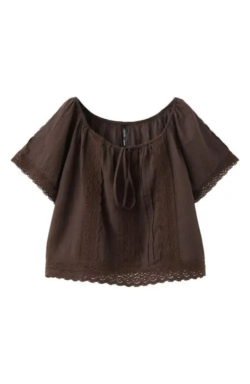 Mango Pintucked Cotton Lace Trim Blouse - Brown